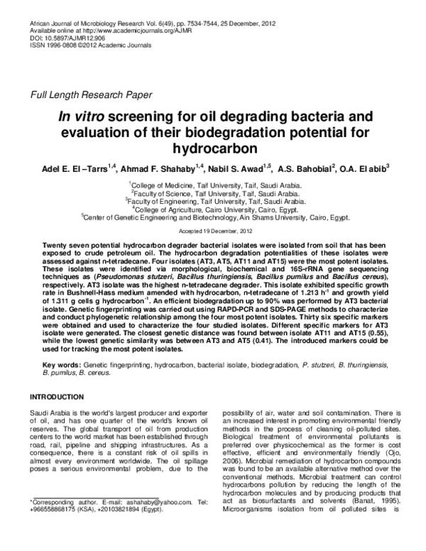 (PDF) In vitro screening for oil degrading bacteria and evaluation of their biodegradation ...