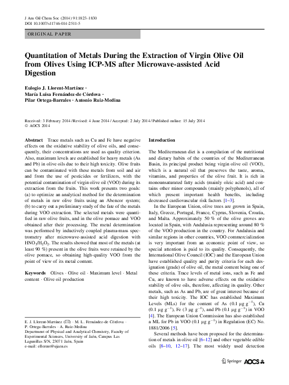 (PDF) Quantitation of Metals During the Extraction of Virgin Olive Oil ...