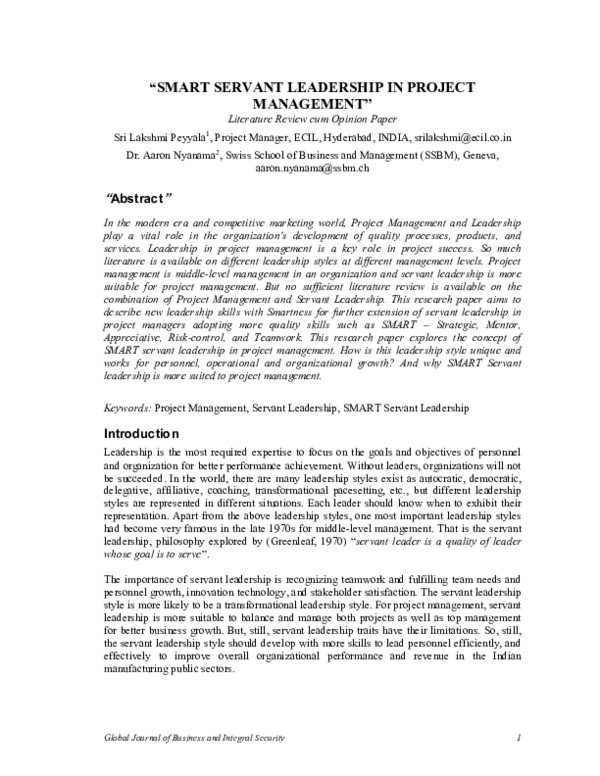 (PDF) "SMART SERVANT LEADERSHIP IN PROJECT MANAGEMENT" Literature ...