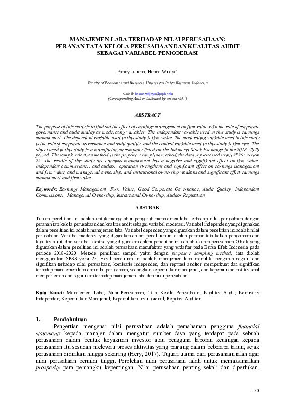(PDF) Manajemen Laba Terhadap Nilai Perusahaan: Peranan Tata Kelola ...