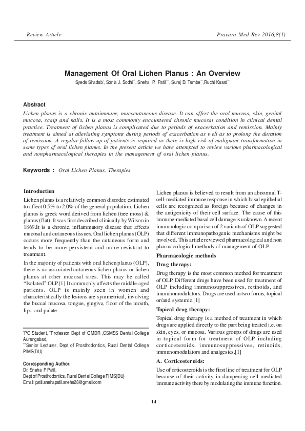 (PDF) Management Of Oral Lichen Planus : An Overview