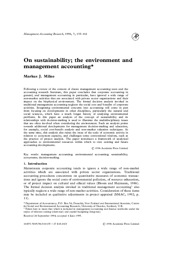 (PDF) On sustainability; the environment and management accounting