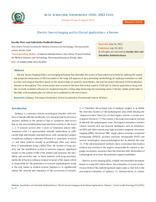 (PDF) Electric Source Imaging and its Clinical Applications: A Review