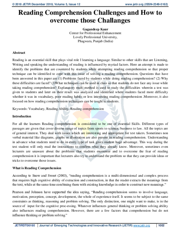 (PDF) Reading Comprehension Challenges and How to overcome those Challanges