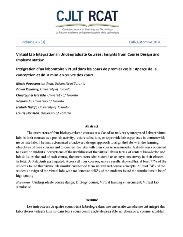 (PDF) Virtual Lab Integration in Undergraduate Courses: Insights from ...