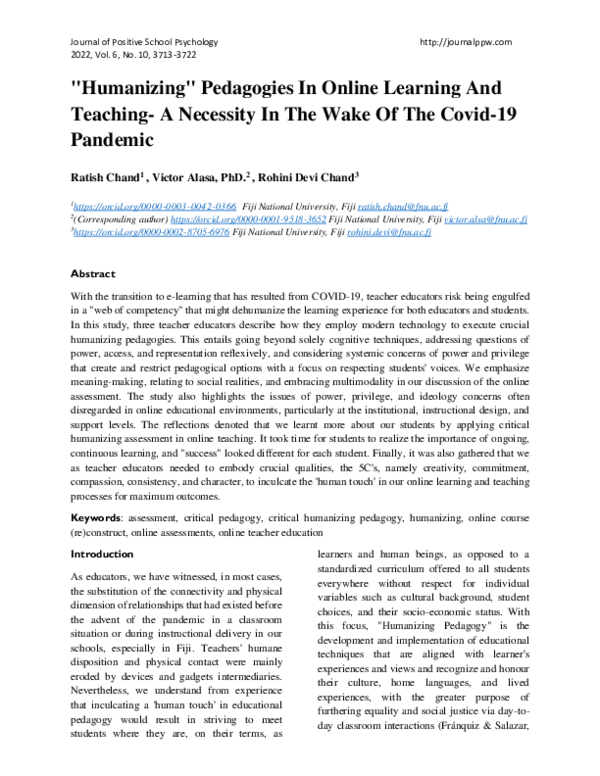 (PDF) "Humanizing" Pedagogies In Online Learning And Teaching-A Necessity In The Wake Of The ...