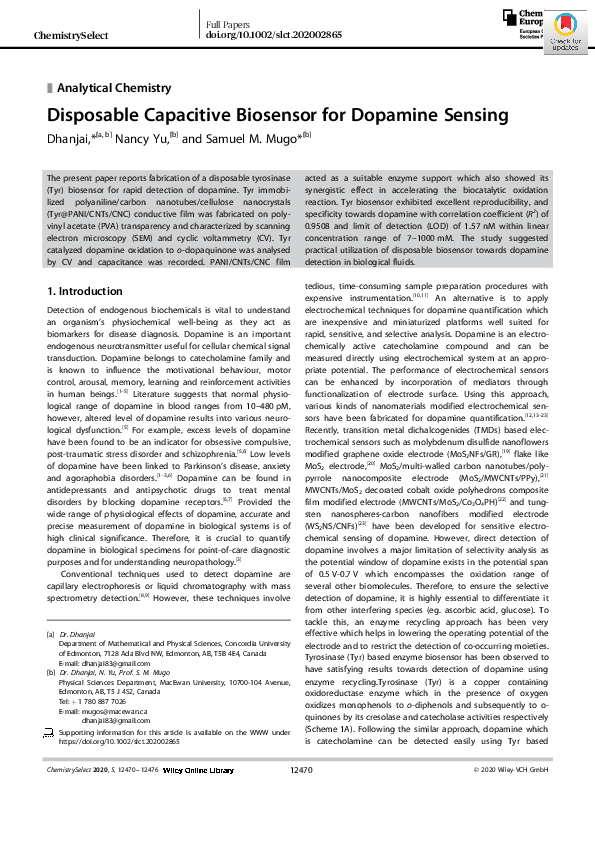 (PDF) Disposable Capacitive Biosensor for Dopamine Sensing