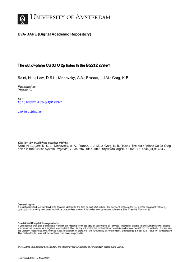(PDF) The out-of-plane Cu 3d and O 2p holes in the Bi2212 system