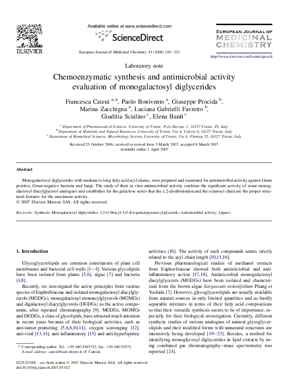 (PDF) Chemoenzymatic synthesis and antimicrobial activity evaluation of monoglucosyl diglycerides