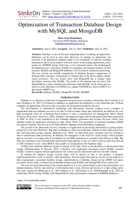 Pdf Optimization Of Transaction Database Design With Mysql And