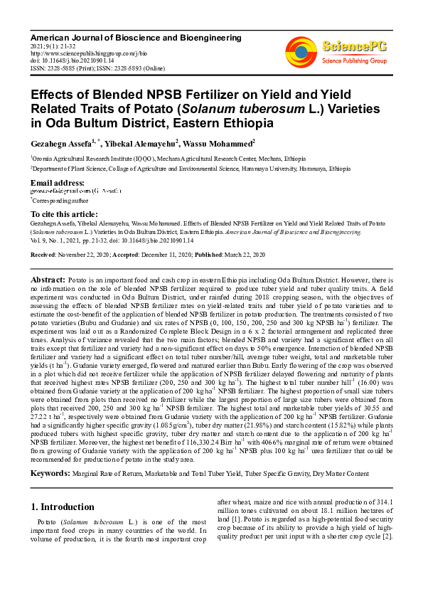 (PDF) Effects of Blended NPSB Fertilizer on Yield and Yield Related ...