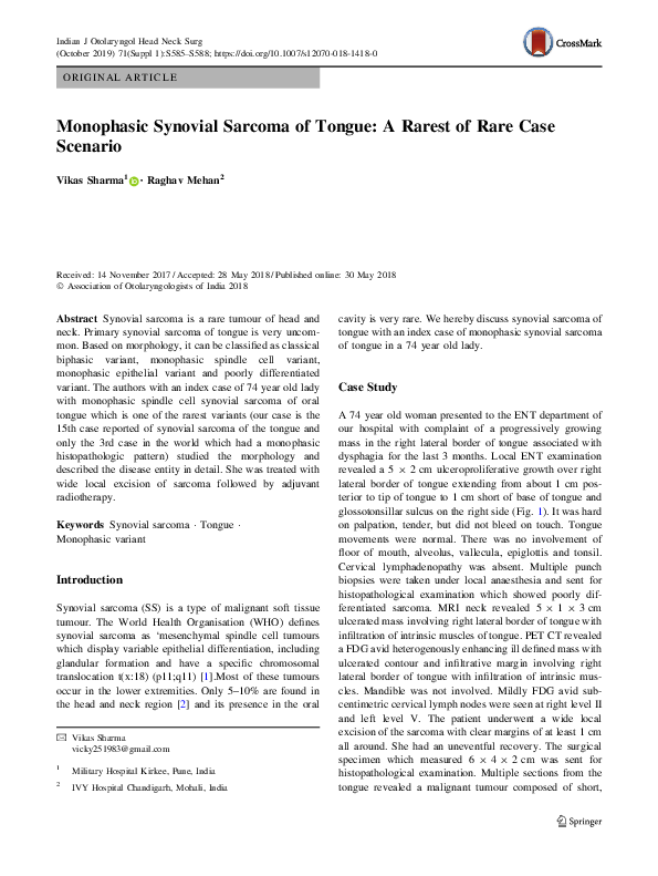 (PDF) Monophasic Synovial Sarcoma of Tongue: A Rarest of Rare Case Scenario