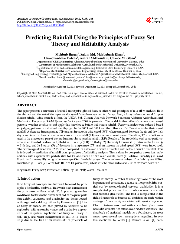 (PDF) Predicting Rainfall Using the Principles of Fuzzy Set Theory and Reliability Analysis