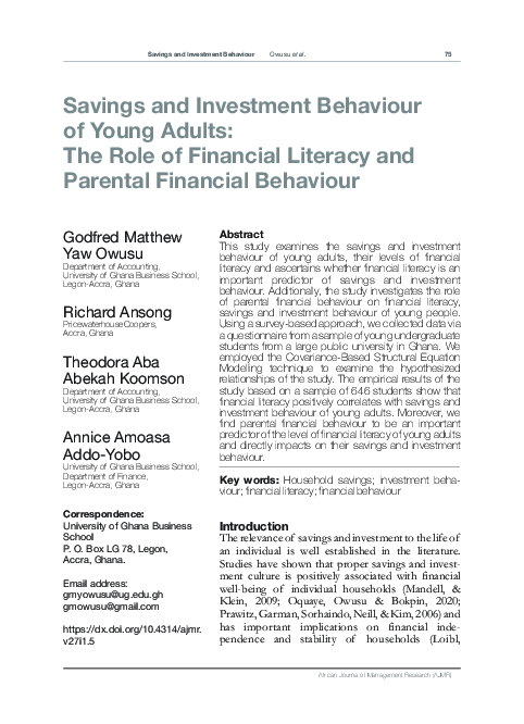 (PDF) Savings and investment behaviour of young adults: the role of ...