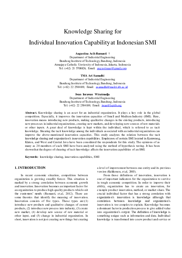 (PDF) Tacit Knowledge Sharing for Individual Innovation Capability at Indonesian SMI