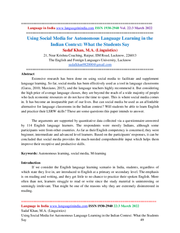 (PDF) Using Social Media for Autonomous Language Learning in the Indian ...