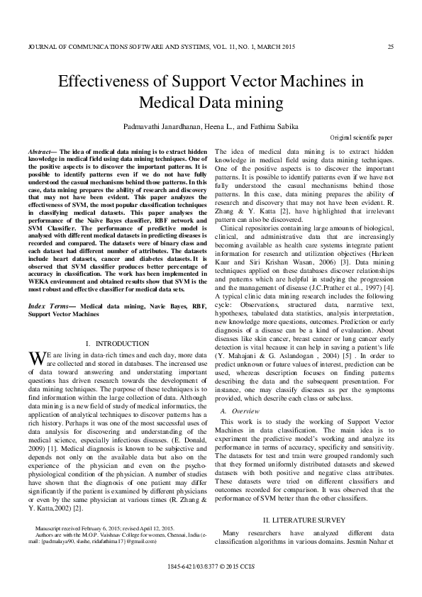 Pdf Effectiveness Of Support Vector Machines In Medical Data Mining