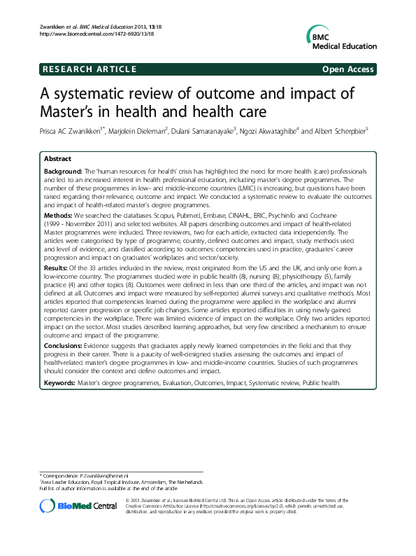 (PDF) A systematic review of outcome and impact of Master’s in health ...