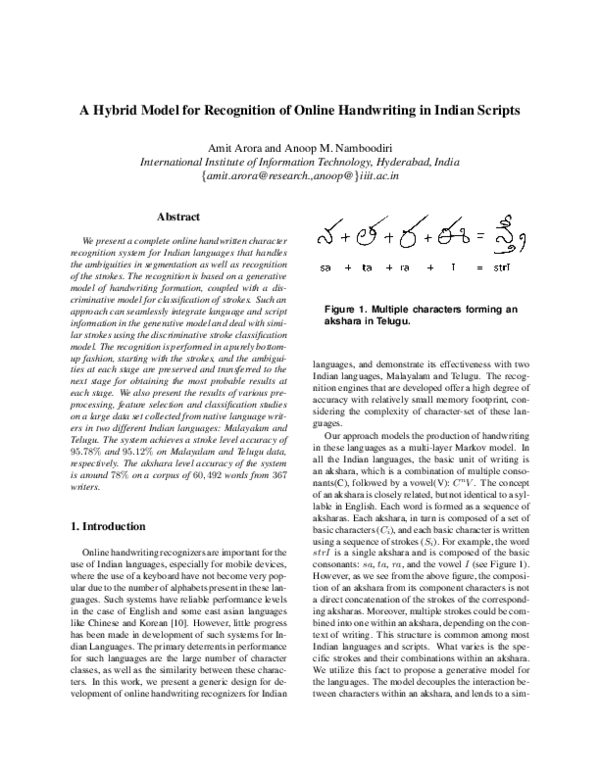 (PDF) A Hybrid Model for Recognition of Online Handwriting in Indian Scripts
