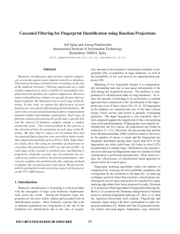 Pdf Cascaded Filtering For Fingerprint Identification Using Random Projections