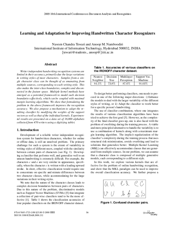Pdf Learning And Adaptation For Improving Handwritten Character Recognizers