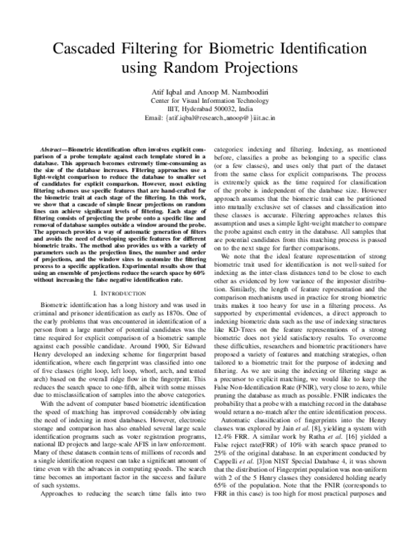 Pdf Cascaded Filtering For Biometric Identification Using Random Projections