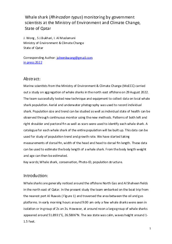 (DOC) Whale shark (Rhincodon typus) monitoring by government scientists ...