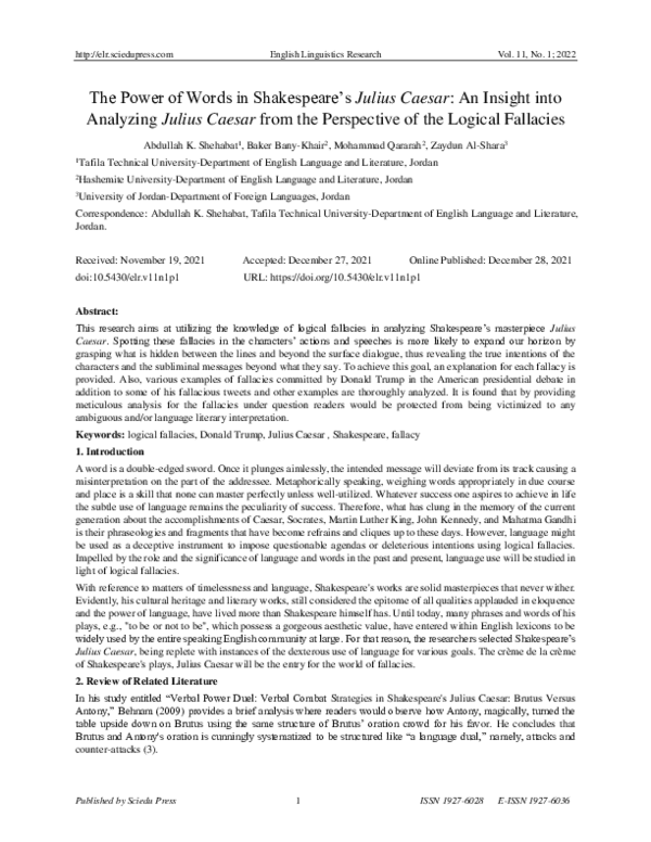 (PDF) The Power of Words in Shakespeare’s Julius Caesar: An Insight ...