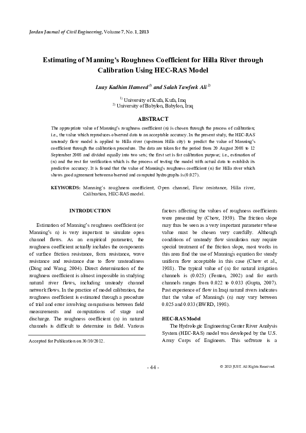 (PDF) Estimating of Manning’s Roughness Coefficient for Hilla River through Calibration Using ...
