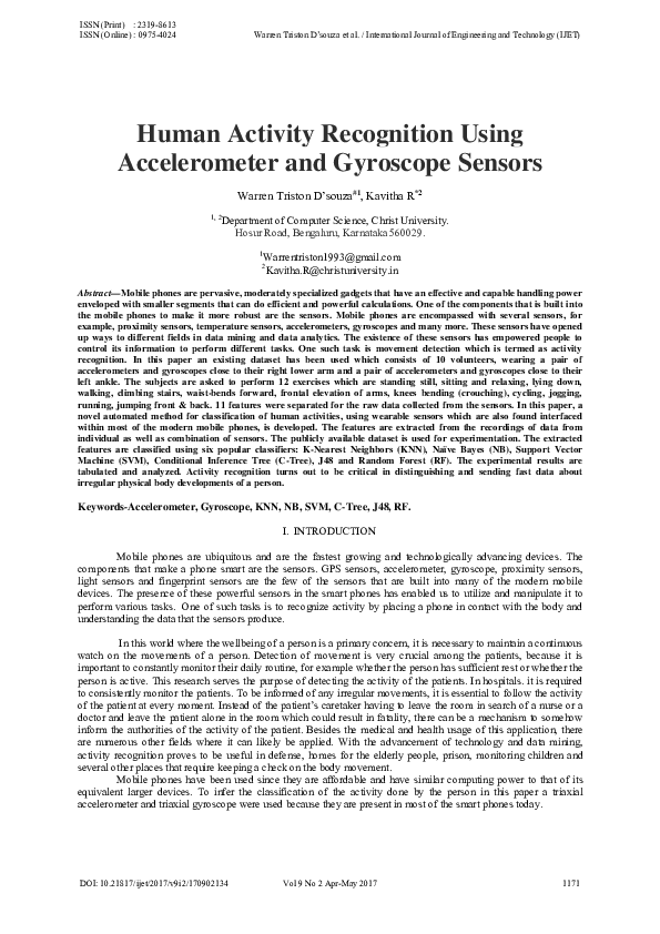 Pdf Human Activity Recognition Using Accelerometer And Gyroscope Sensors
