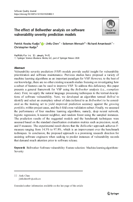 (PDF) The effect of Bellwether analysis on software vulnerability severity prediction models
