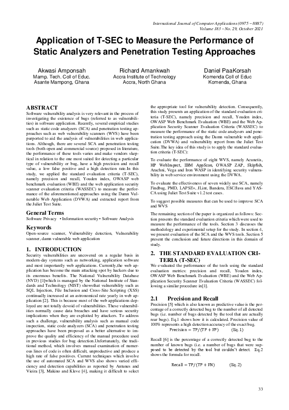 (PDF) Application of T-SEC to Measure the Performance of Static Analyzers and Penetration ...