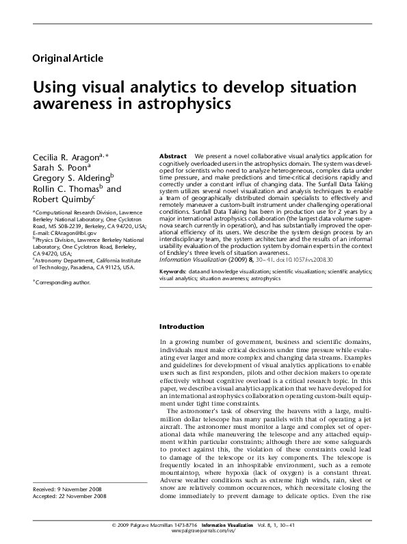 (PDF) Using visual analytics to develop situation awareness in astrophysics