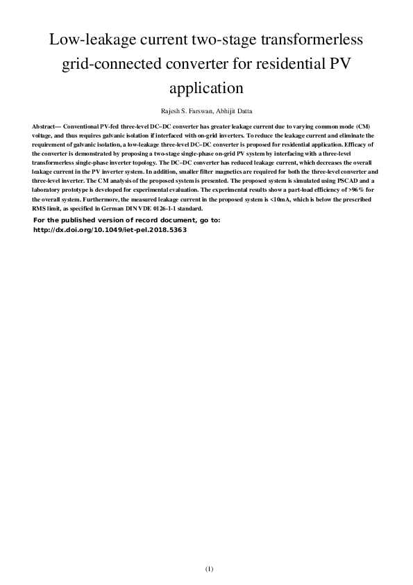 Pdf A Low Leakage Current Two Stage Transformerless Grid Connected Converter For Residential