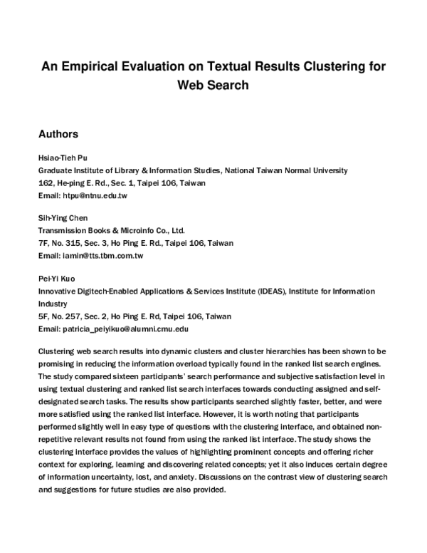 Pdf An Empirical Evaluation On Textual Results Clustering For Web
