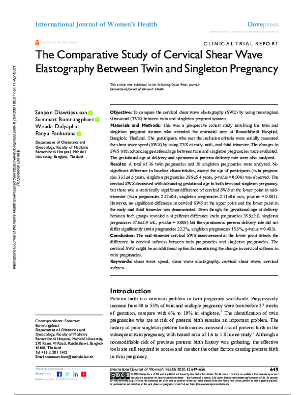 (PDF) The Comparative Study of Cervical Shear Wave Elastography Between Twin and Singleton Pregnancy
