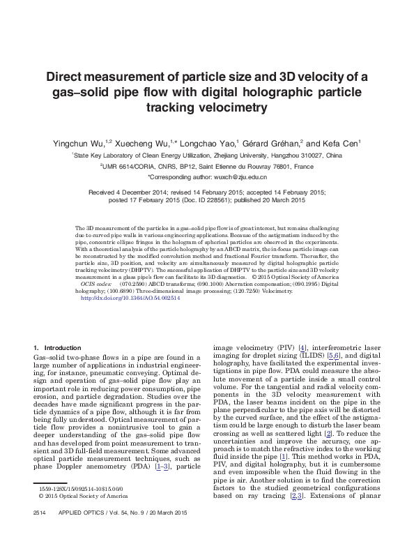 (PDF) Direct measurement of particle size and 3D velocity of a gas–solid pipe flow with digital ...