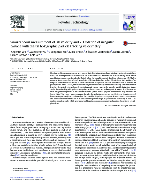 (PDF) Simultaneous measurement of 3D velocity and 2D rotation of irregular particle with digital ...