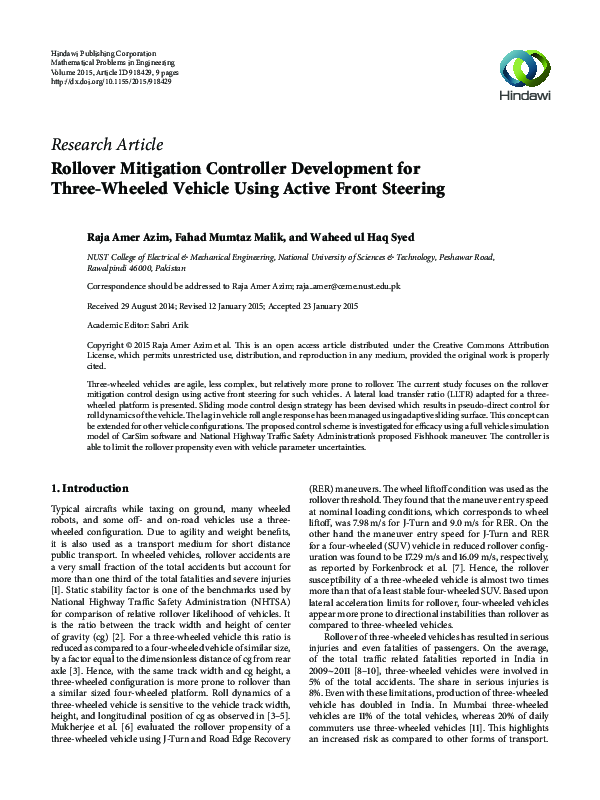 Pdf Rollover Mitigation Controller Development For Three Wheeled Vehicle Using Active Front