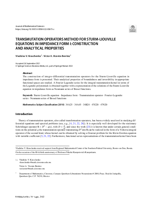 (PDF) Transmutation Operators Method for Sturm-Liouville Equations in Impedance Form I ...
