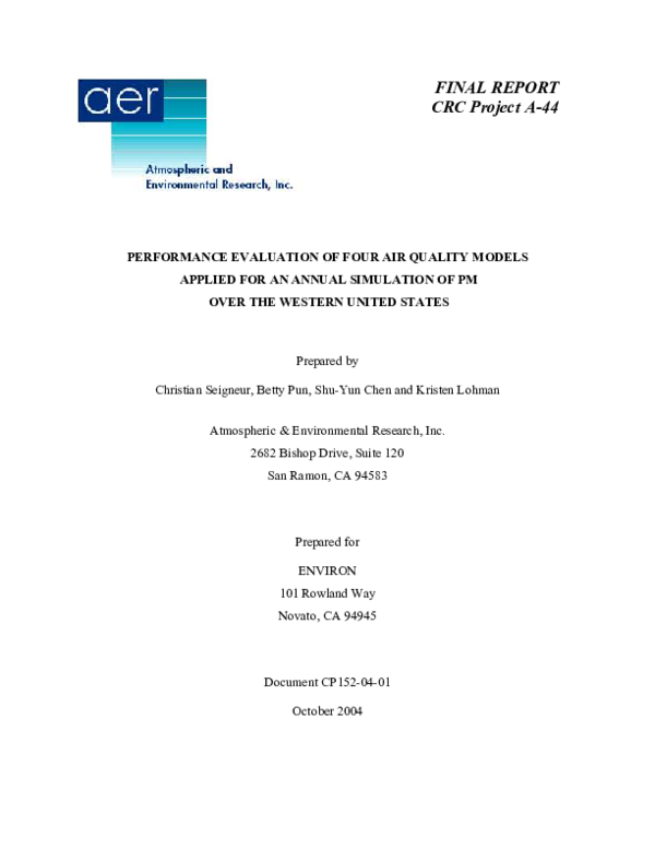 (PDF) Performance evaluation of four air quality models applied for an ...