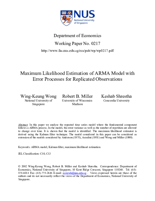 Pdf Maximum Likelihood Estimation Of Arma Model With Error Processes For Replicated Observation