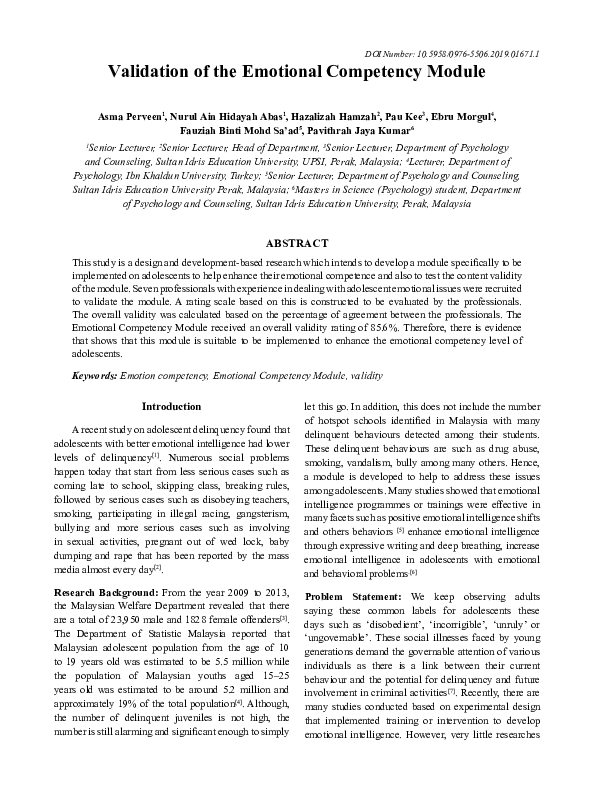 (PDF) Validation of the Emotional Competency Module
