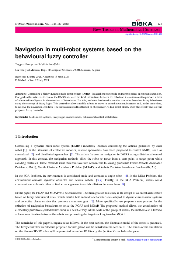 (PDF) Navigation in multi-robot systems based on the behavioural fuzzy controller