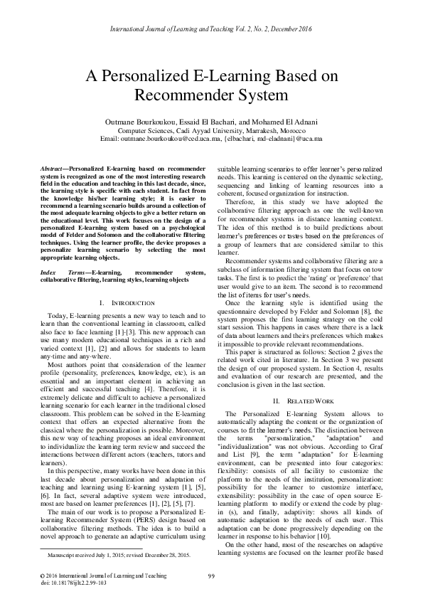 (PDF) A Personalized E-Learning Based on Recommender System
