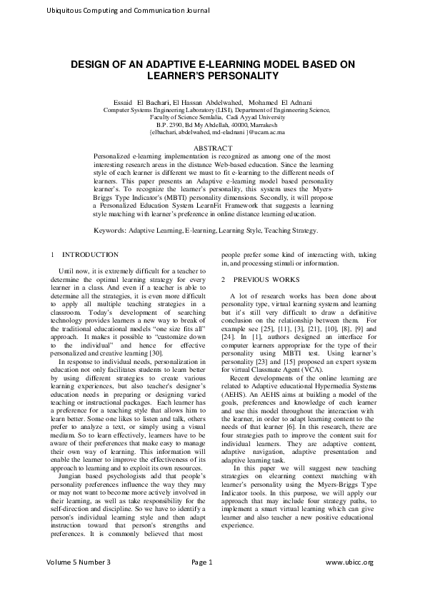 (PDF) Design of an Adaptive E-Learning Model Based on Learner's Personality