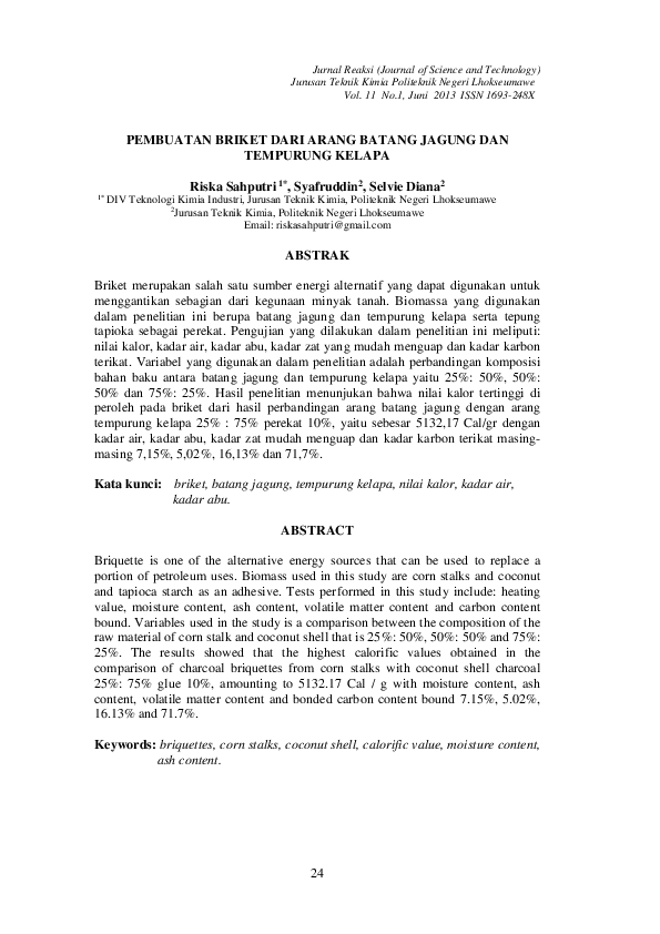 (PDF) Pembuatan Briket Dari Arang Batang Jagung Dan Tempurung Kelapa