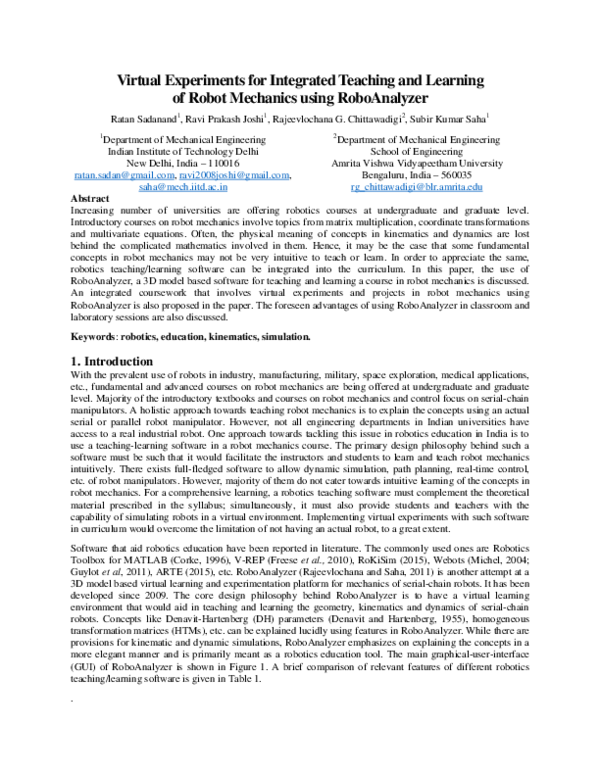 (PDF) Virtual Experiments for Integrated Teaching and Learning of Robot Mechanics Using RoboAnalyzer