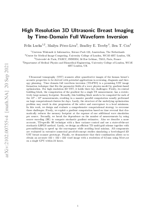 Pdf High Resolution 3d Ultrasonic Breast Imaging By Time Domain Full Waveform Inversion