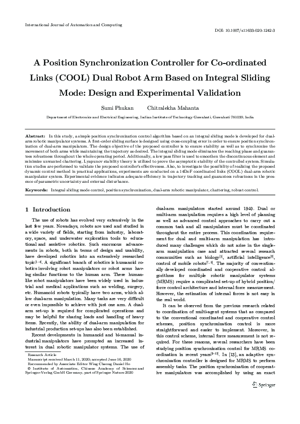 (PDF) A Position Synchronization Controller for Co-ordinated Links (COOL) Dual Robot Arm Based ...